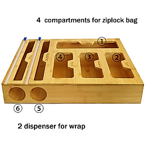 HILELIFE Bamboo Ziplock Bag Organizer for Drawer, Foil and Plastic Wrap Organizer, 6 In 1 Plastic Bag Organizer for Drawer, Baggie Organizer for Drawer