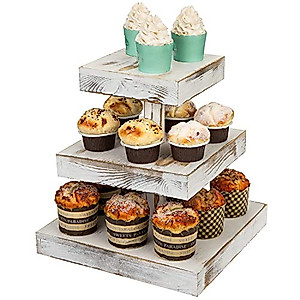 MyGift Whitewashed Wood Cupcake Stand, 3 Tiered Square Serving Tray, Desserts and Appetizer Display Riser