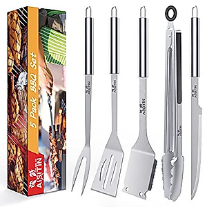 AISITIN 5 PCS Grill Accessories BBQ Set, Stainless Steel BBQ Grill Tools with Sturdy Spatula, Grilling Tongs, Fork and Brush, Ideal Grill Set for Outdoor Indoor Grill