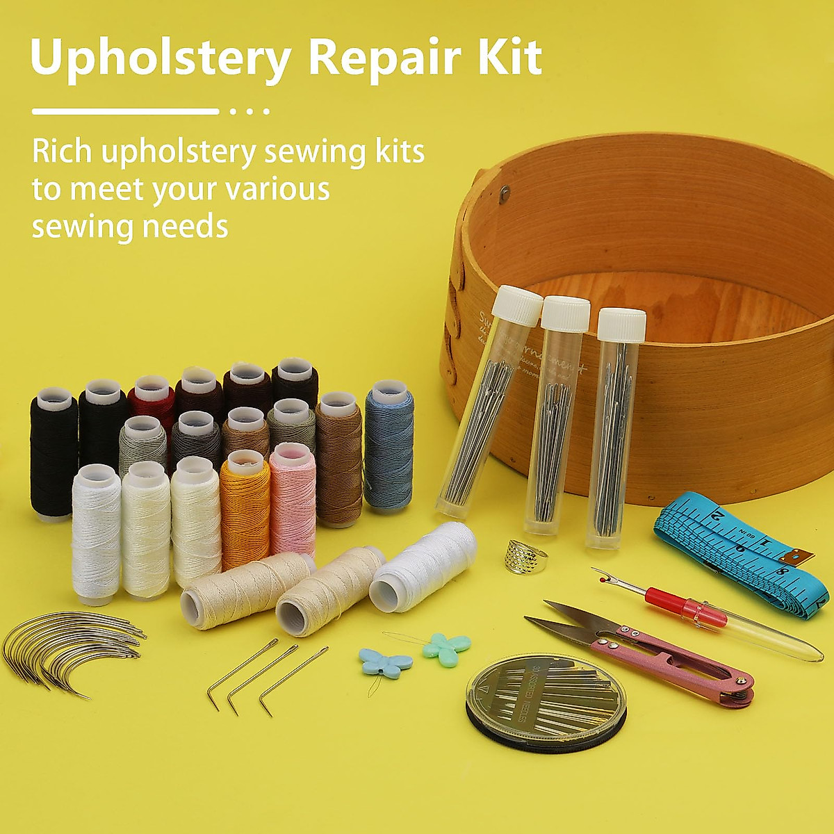 Tikjiua 152 Pcs Upholstery Repair Sewing Kit, 123 Pcs Sewing Stitching Needles and 20 Pcs Sewing Thread, Leather Sewing Needles Supplies Stitching Kit for Furniture, Shoes, Canvas, Sofa Repair
