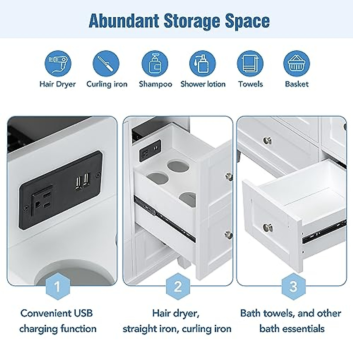 Polibi 36" Modern Bathroom Vanity with USB Charging, Two Doors and Three Drawers Bathroom Storage Vanity Cabinet, Small Bathroom Vanity Cabinet with Single Sink, White, Faucets Not Included