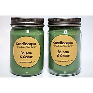 Candlecopia Balsam & Cedar Strongly Scented Hand Poured Premium Soy Candles, 12 Ounce Pewter Lid Canning Jar x 2-Pack
