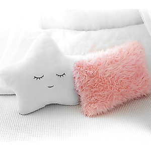 Set of 2 Decorative Pillows for Girls, Toddler Kids Room. Star Pillow Fluffy White Embroidered and Furry Pink Faux Fur Pillow. Soft and Plush Girls Pillows – Throw Pillows for Kid’s Bedroom Décor