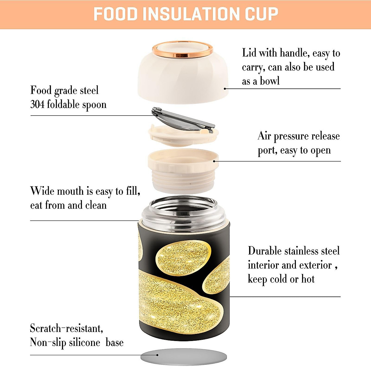 CUPADA Dog Paw Glitter Food Jar for Hot and Cold, Gold Insulated Food Jars Vacuum 17OZ with Folding Spoon for Work Trip Picnic Camping