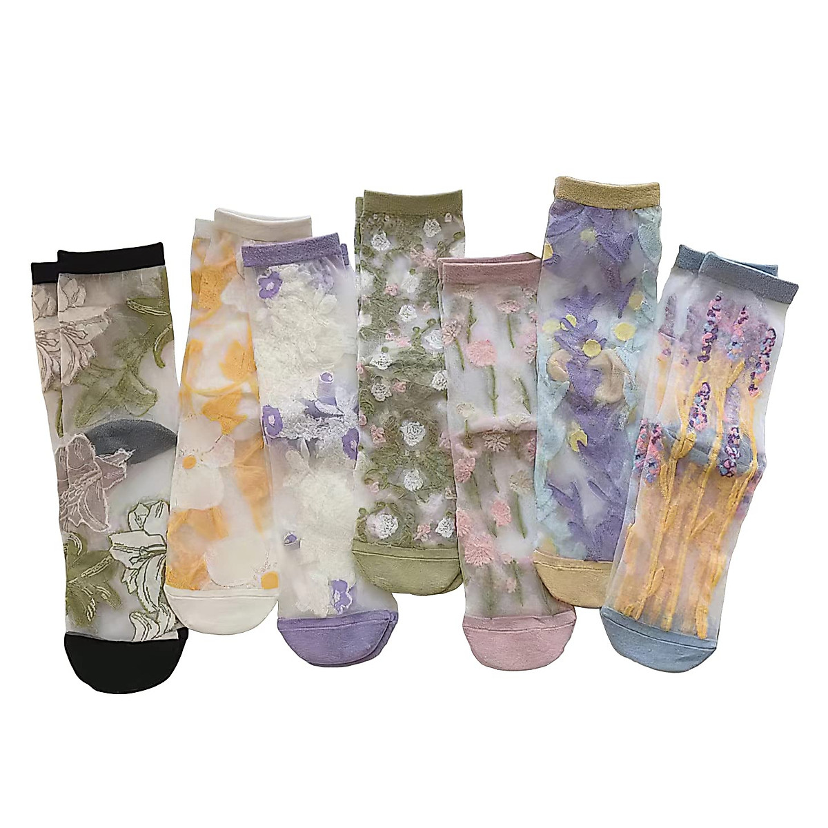 Ballballu Vintage Sheer Socks,Summer Transparent Flower Ankle Socks,Thin Mesh Lace Elastic Jacquard Glass Silk Socks (F-7 Paris)