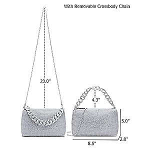 YIKOEE Sparkly Rhinestone Clutch Purse Evening Bag for Women with Chunky Chain (Silver)
