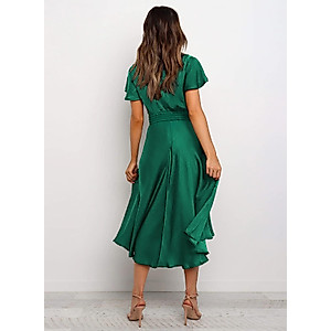 miduo Womens Dresses Satin Summer Loose Wrap Tie Front V Neck Short Sleeve High Waist Skater Swing Cocktail Party Midi Homecoming Dresses Green XXL