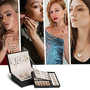 onlyamazing Black PU Leather Jewelry Box, Necklace Holder Organizer Double Layer Jewelry Display Storage Case with Lock