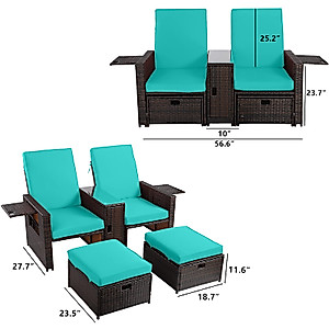 VUYUYU 5PCS Patio Wicker Furniture Set - Outdoor PE Rattan Loveseat Sofa with Adjustable Backrest, Coffee Table, Ottoman - Patio Lounge Chair for Garden, Beach, Poolside, Balcony, Backyard, Deck