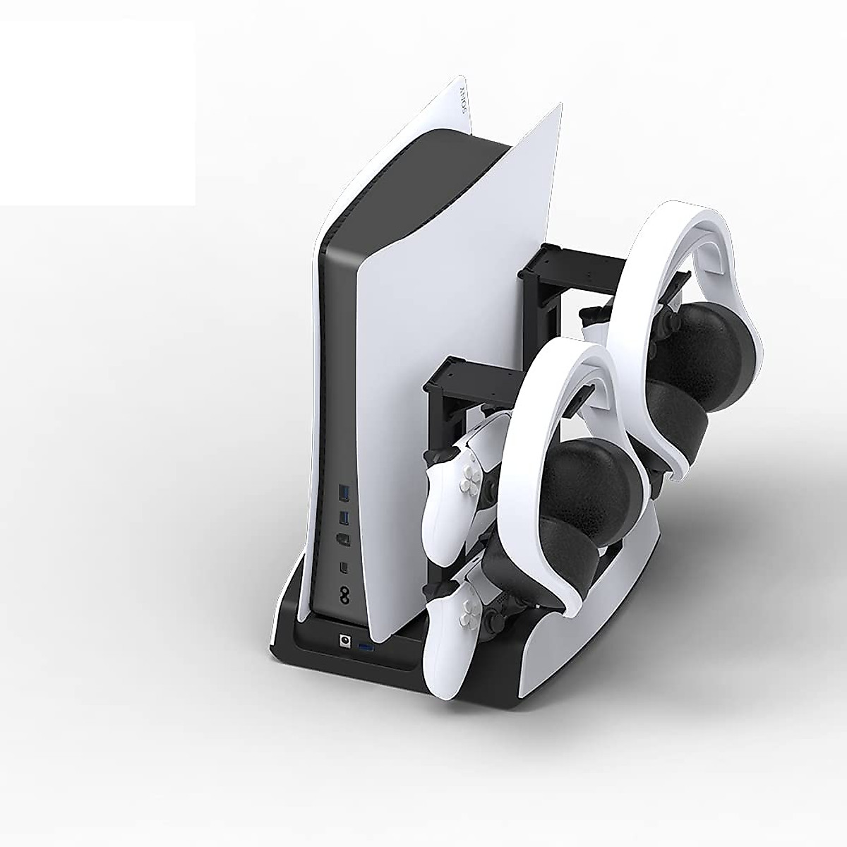 EJGAME Vertical Stand Dual Charging Station with Suction Cooling Fan Compatible with PS5 Console and PS5 Digital Edition, Built-in Headset Holder,Media Remote Stand and13 Game Rack Organizer