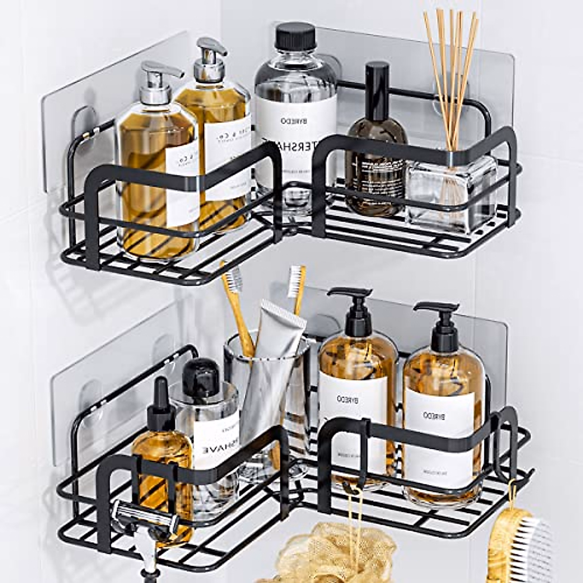 Masoffi Corner Shower Shelf for Inside Shower, Adhesive No Drilling Shower Organizer, Stainless Steel Rustproof Corner Shower Baskets Wall Mounted, 2 Pack Matt Black