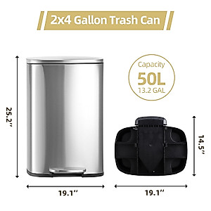 GAOMON Kitchen Trash Can, Smudge Resistant Rectangular Garbage Can with Soft-Close Foot Pedal, Brushed Stainless Steel, 50 Liter/13 Gallon