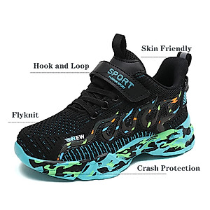 BTKSDAS Boys Sneakers Fashion Non Slip Boys Running Shoes Tennis Athletic Gym Sports Walking Sneakers for Boys Girls Black/Green Size 4 Big Kid
