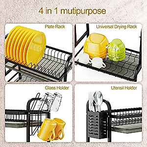 Swedecor Dish Drying Rack for Kitchen - 2 Tier Rust-Resistant Dish Rack Small Dish Drainer with Drainboard Tray, Cup Holder and Utensil Holder for Kitchen Countertop Saving Space, Black