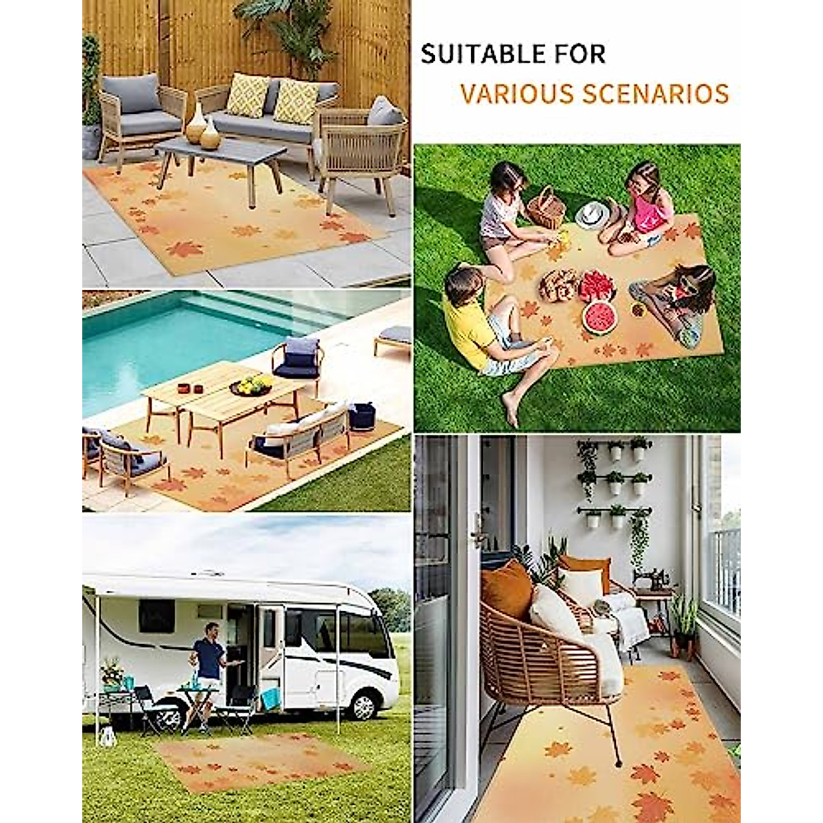 Thanksgiving Outdoor Rug, Large Floor Mat Day Dreamlike Maple Leaf Non Slip Area Rug Rubber Backing Quick Dry Clearance Carpet for Camping Rugs, Patio, Garden, Lawn, Deck, Porch, 6' x 9'