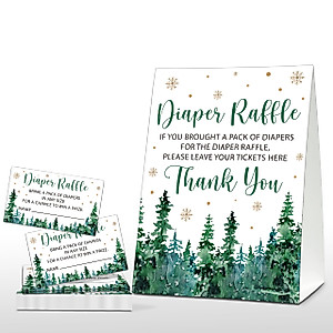 Winter Woodland Diaper Raffle Game, Christmas Baby Shower Game Sign, Christmas Gender Neutral Party Favors, Winter Party Decorations Favors (1 Sign + 50 Raffle Tickets) - A07