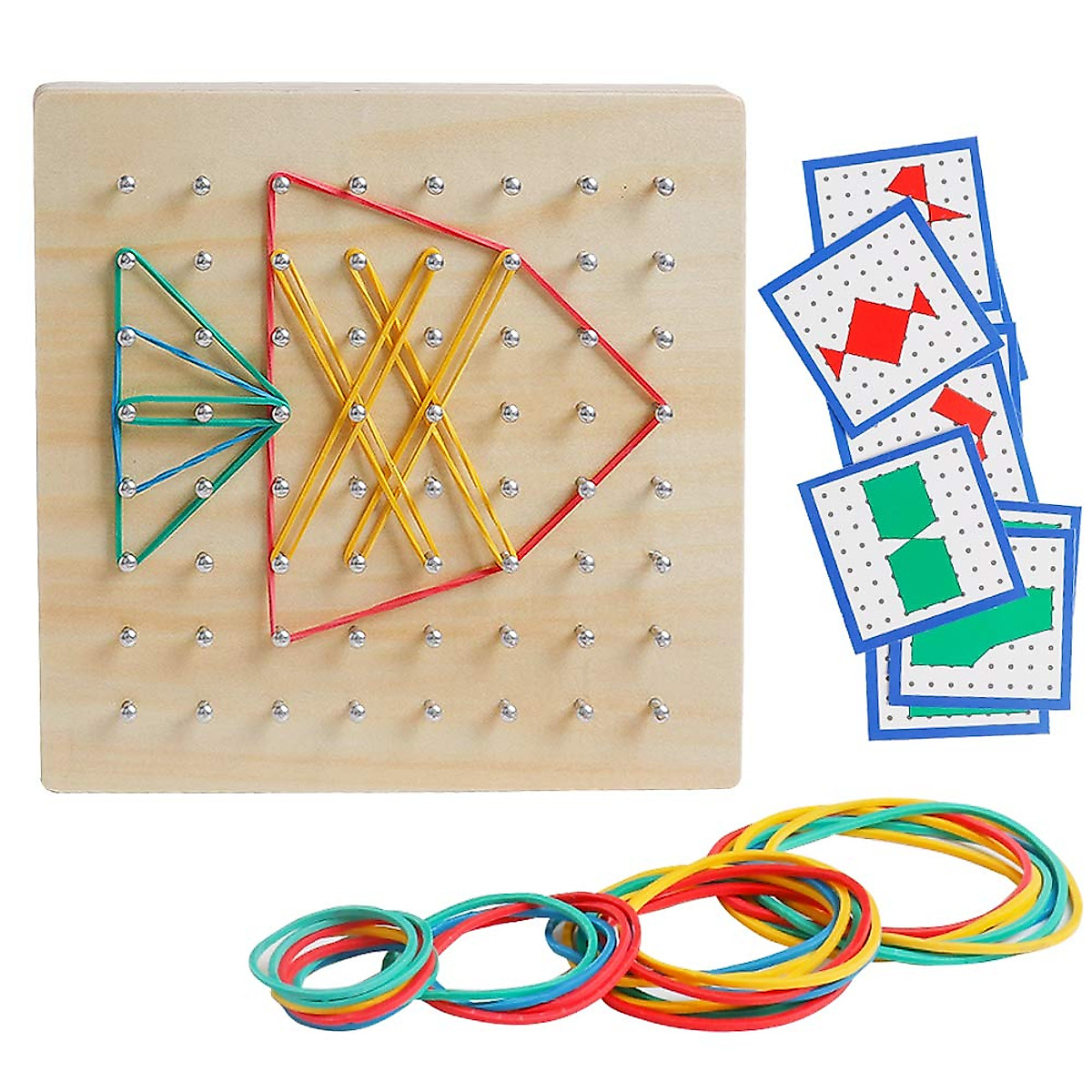 Kizh Wooden Geoboard Math Manipulative Material Graphical Geo Board Montessori Educational Toys Array Block Pattern Cards and Rubber Bands STEM Puzzle Matrix 8x8 Brain Teaser Toys
