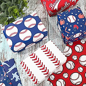 AnyDesign 12 Sheet Baseball Wrapping Paper Red Blue White Sports Gift Wrap Paper Bulk Folded Flat Baseball Print Art Paper for Baseball Theme Birthday Party DIY Crafts Gift Wrapping, 19.7 x 27.6 Inch