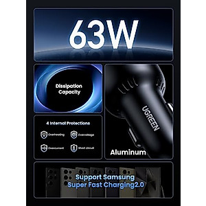UGREEN 63W USB C Car Charger Adapter, PPS 45W Super Fast Charging 2.0 Type C Car Charger Cargador para Carro, Dual USB Car Charger for iPhone 15/14/13/12, Galaxy S24/S23/S22/Series, iPad, MacBook