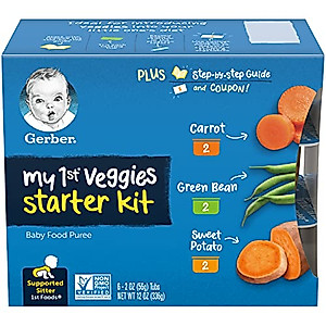 Gerber 1st Foods My First Veggies Starter Kit, 2 Carrot, 2 Green Bean, 2 Sweet Potato, Non-GMO Baby Food Puree Tubs, 6 CT Baby Food Tubs Per Pack (Pack of 4)