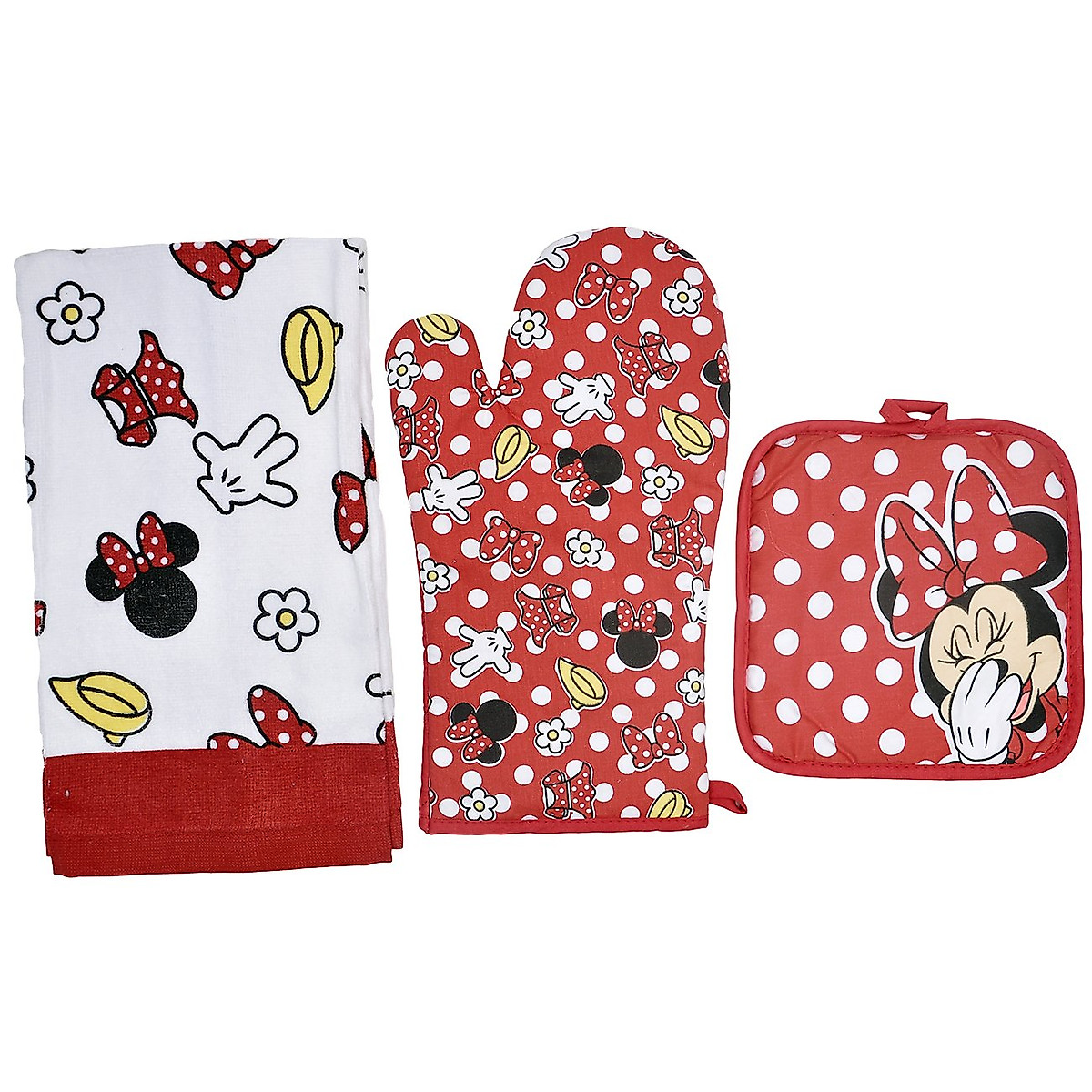 Disney Oven Mitt Pot Holder & Dish Towel 3 pc Kitchen Set (Minnie Mouse Red)
