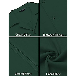 COOFANDY Men's Cuban Guayabera Shirt Linen Short Sleeve Button Down Summer Shirt A - Dark Green
