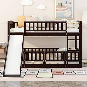 Harper & Bright Designs Low Kids Bunk Bed with Slide, Twin Over Twin Bunk Bed Frame with Fence, Ladder, Safety Guardrail, Wood Bunk Bed with Fun Small Door for Toddler Kids Teens (Espresso)