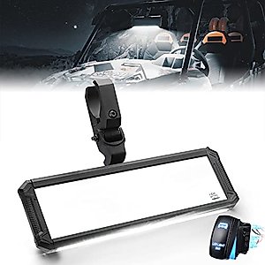 KEMIMOTO UTV Mirror LED Light Rear View Mirror for 1.6" -2" Roll Bar Compatible with Polaris RZR Ranger Kawasaki Mule Pioneer Talon Can Am X3 360° Adjustable UTV Center Mirror Accessories