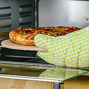 Ovente Ceramic Flat 13 Inch Pizza Stone Set with Crust Cutter Wheel & Metal Rack/Handle, Compact Easy Storage Portable Baking Grilling Stone Thermal Shock Resistance for Oven Grill BBQ, Beige BW10132