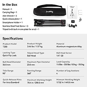 SmallRig 78" Camera Tripod, Foldable Aluminum Tripod & Monopod, 360°Ball Head Detachable and Quick Release Plate, Payload 33lb, Adjustable Height from 18.5" to 78" for Camera, Phone - 3474