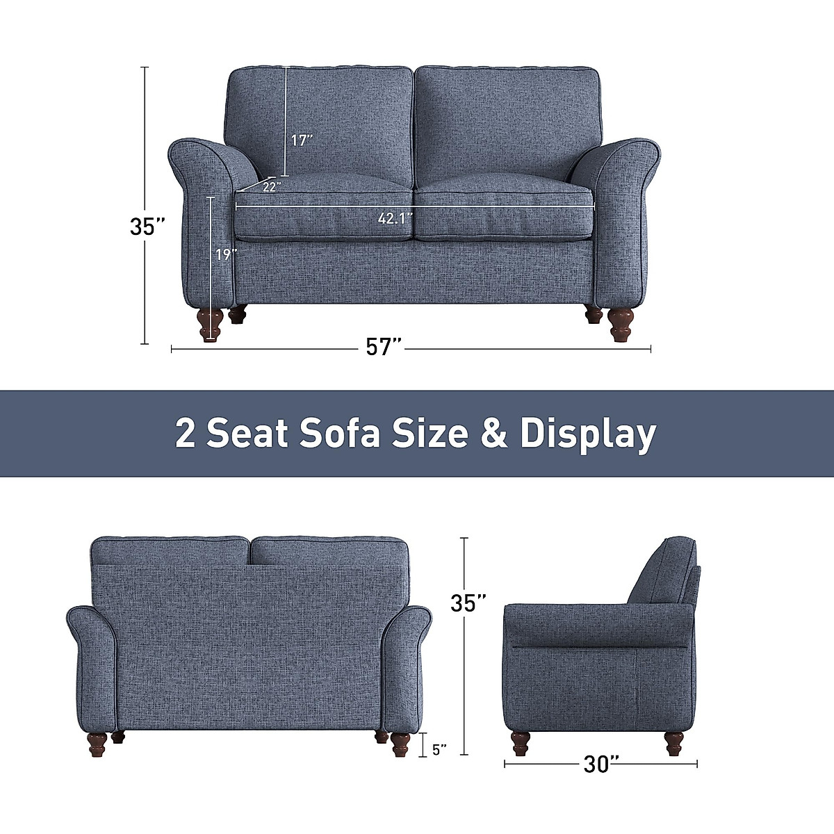 Bonzy Home 57" Loveseat Sofa, 2 Seater Upholstered Comfy Sofa Couch for Small Space, Living Room, Apartment, Office, Blue