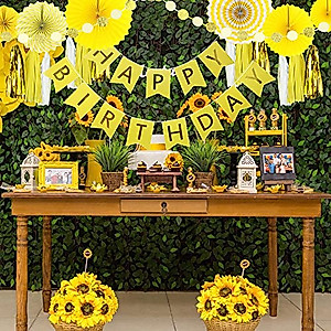 Yellow Birthday Party Decoration - 6 Hanging Fans & Birthday Banner & Decorative Circle Dot Garland & 12 Paper Tassels for Birthday Party, Baby Shower, Wedding etc.