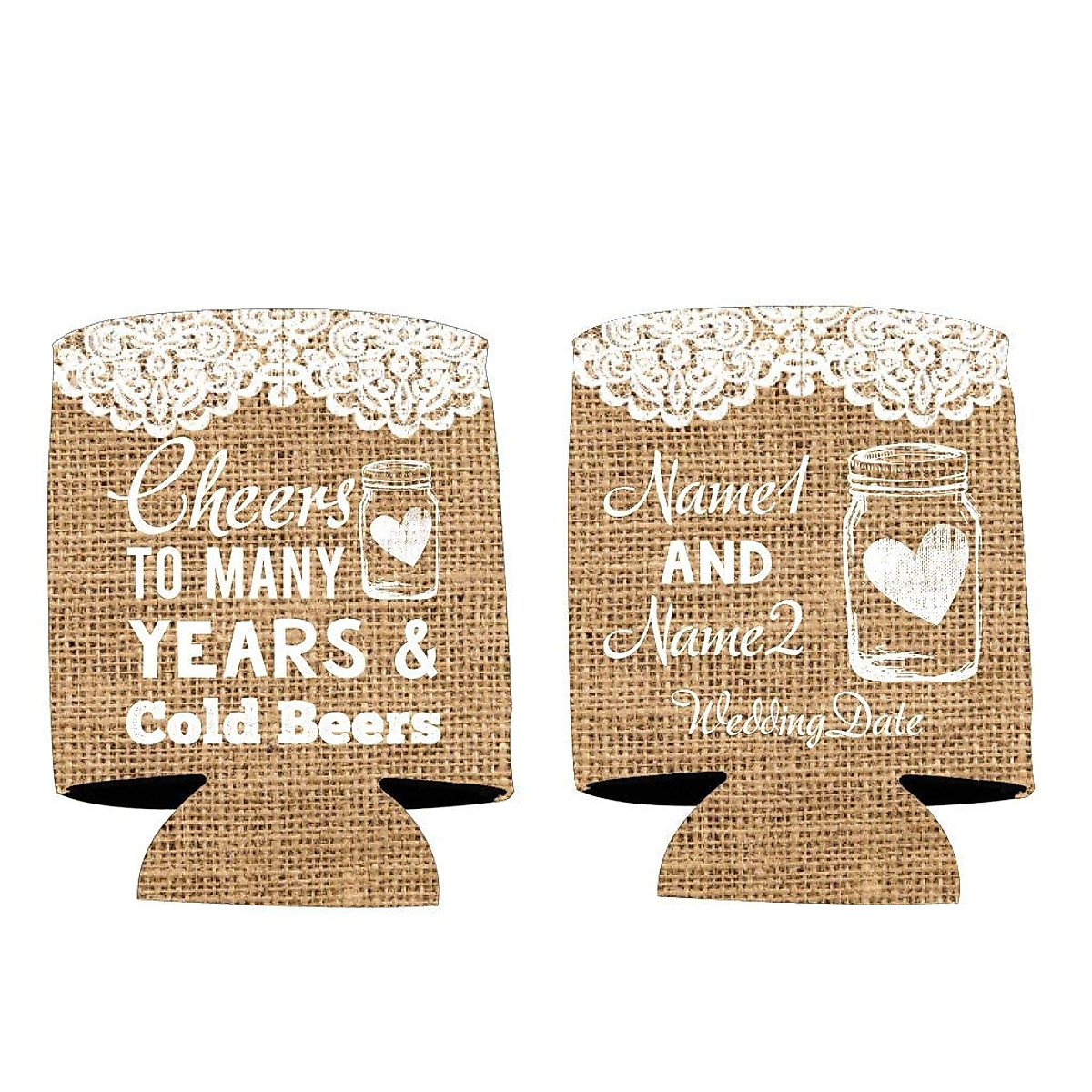 VictoryStore Custom Rustic Wedding Can Cooler Cheers to many Years and Cold Beers, Wedding Can Coolers Set of (100)