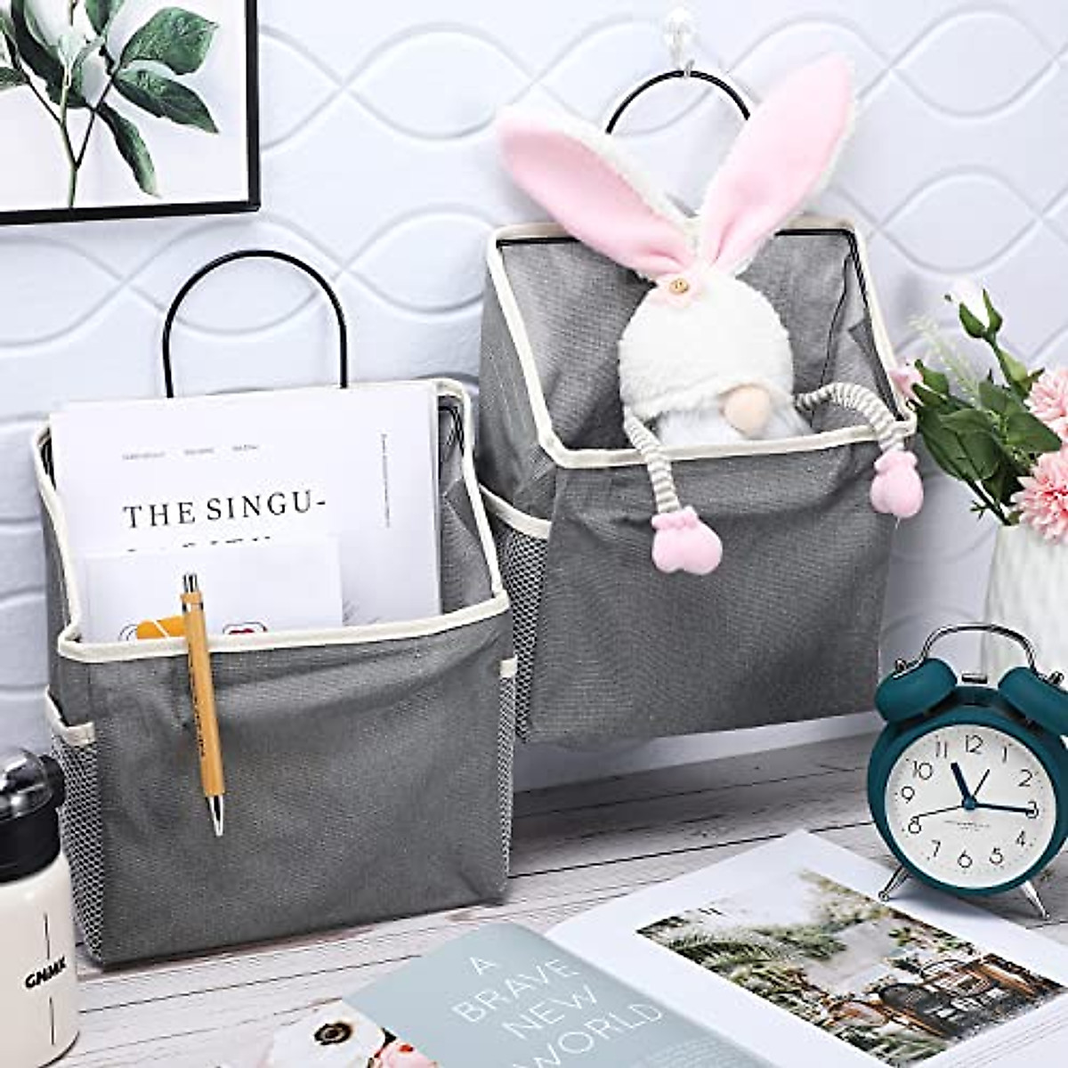 12 Pcs Wall Hanging Storage Bag Wall Hanging Organizer Bag with Hooks Closet Hanging Wall Basket with Pocket Linen Cotton Wall Organizer for Bedroom Bathroom Dormitory Kitchen, 15 x 4.3 x 8.7 Inch