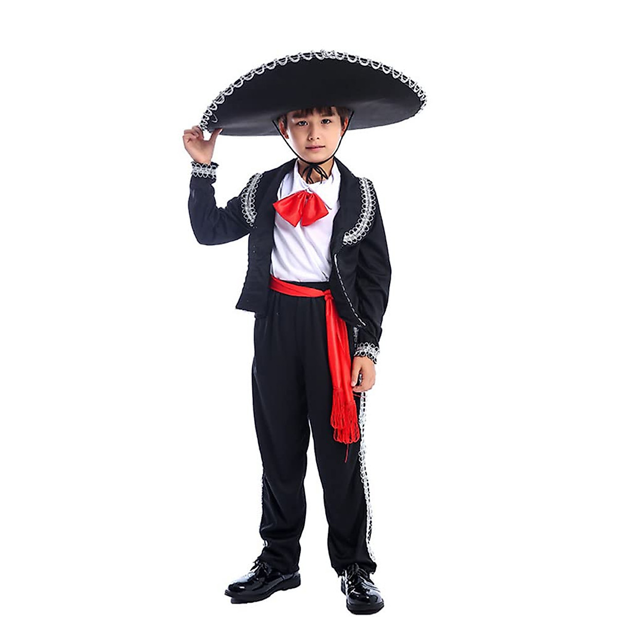 STIOEDYUAN Kids Mexican Costume Folklorico Cinco De Mayo Amigo Day Of The Dead Mariachi Halloween Cosplay Outfit Fiesta (Black, X-Large)