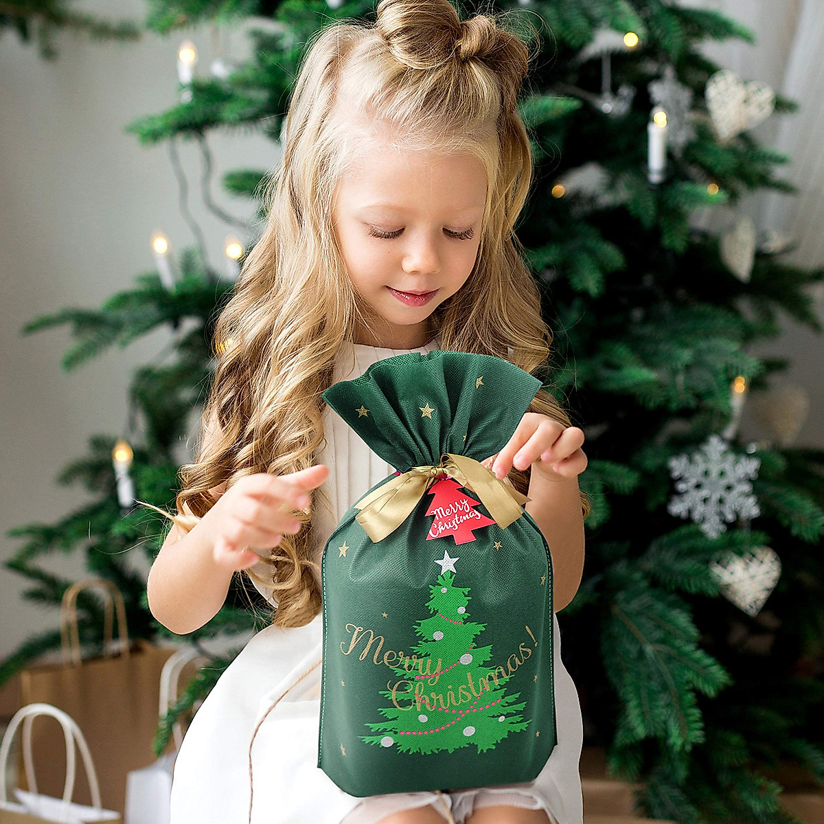 Fabric Gift Bags for Presents - 6 Pcs Large Reusable Christmas Bags with Drawstring (Green Xmas Tree Assorted)