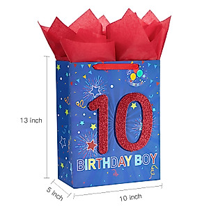 Loveinside Birthday Blue Gift Bag with Tissue Paper, Gift Tag and Greeting Card for 10th Boy Birthday, Party, Baby Shower and More - 10" x 5" x 13", 1 Pcs - 10th Birthday
