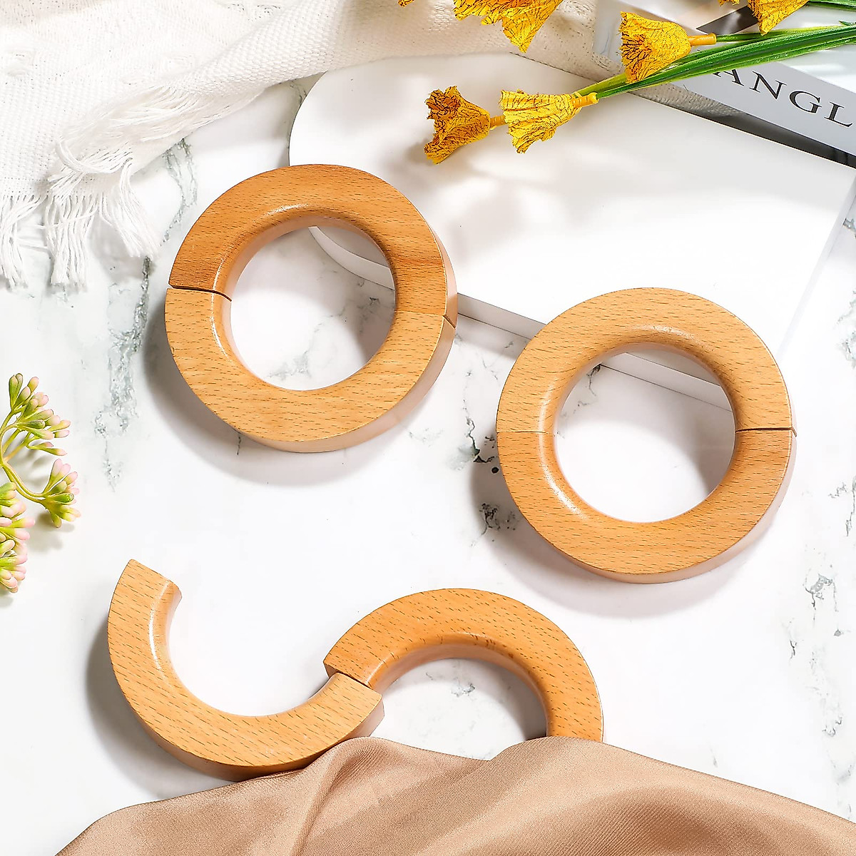 4 Pcs Magnetic Wooden Curtain Tiebacks Holdbacks Modern Decorative Drapes Holders Wooden Curtain Clips Round Boho Tie Backs for Curtains Buckles for Home Room Window Decoration, 2.36 Inch, Burlywood