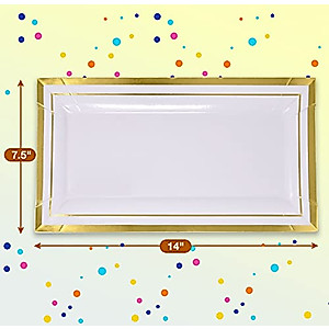10 White Rectangle Trays with Gold Rim Border for Elegant Dessert Table Serving Parties 14" X 7.5" Heavy Duty Disposable Paper Cardboard for Platters Cupcake Display Birthday Party Weddings Food Safe