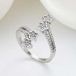 CZ Stars Rings Cute Dainty Statement for Women Sterling Silver Plated Layered Cubic Zirconia Adjustable Open Stacking Extendable Knuckle Middle Finger Ring Fashion Gifts for Best Friends Birthday Christmas (Silver)