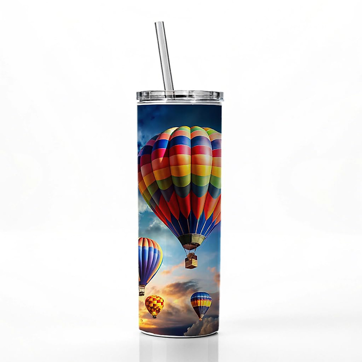 Hot Air Balloons Against a Cloud Covered Deep Blue Sky Skinny Tumbler 20oz with Straw Insulated Water Bottle Gift