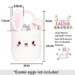 Bunny Easter Basket for Kids, Cute Plush Empty Bucket with Foldable Ears and Handle Egg Hunt Tote Candy Bag Basket for Boy Girl Teens Gift, Easter Basket Decor White 9×9 Inch