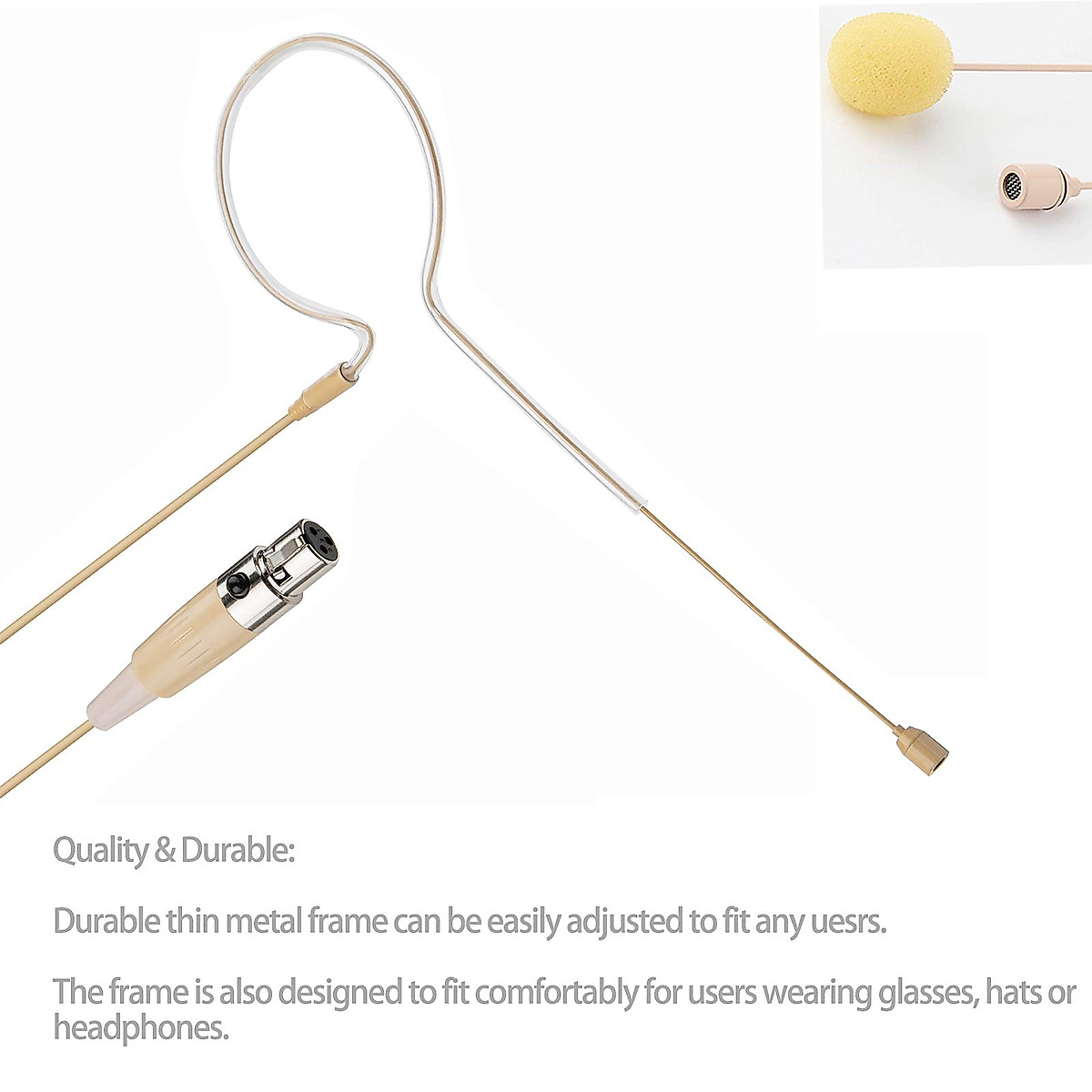 Sujeetec Headset Headworn Microphone - 3 Pin Mini XLR Head Microphone for AKG Samson Wireless System & Bodypack Transmitter – Beige Single Earhook Omnidirectional Headset Head Mic