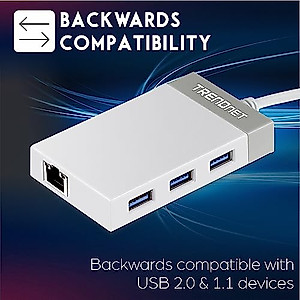 TRENDnet 3-Port USB 3.0 Hub, TU3-ETGH3, Compact USB to Ethernet Adapter, 3 x USB 3.0 Ports, 1 x RJ-45 Gigabit Ethernet Port, Supports XP, Vista, Windows, Mac OS 10.6-10.9, Nintendo Switch, White