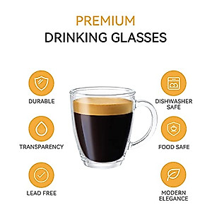 [6 PACK,12 OZ] DESIGN•MASTER Premium Glass Coffee Mugs with Handle,Transparent Tea Glasses for Hot/Cold Beverages, Perfect Design for Americano, Cappuccino, Latte or Tea and Beverage.