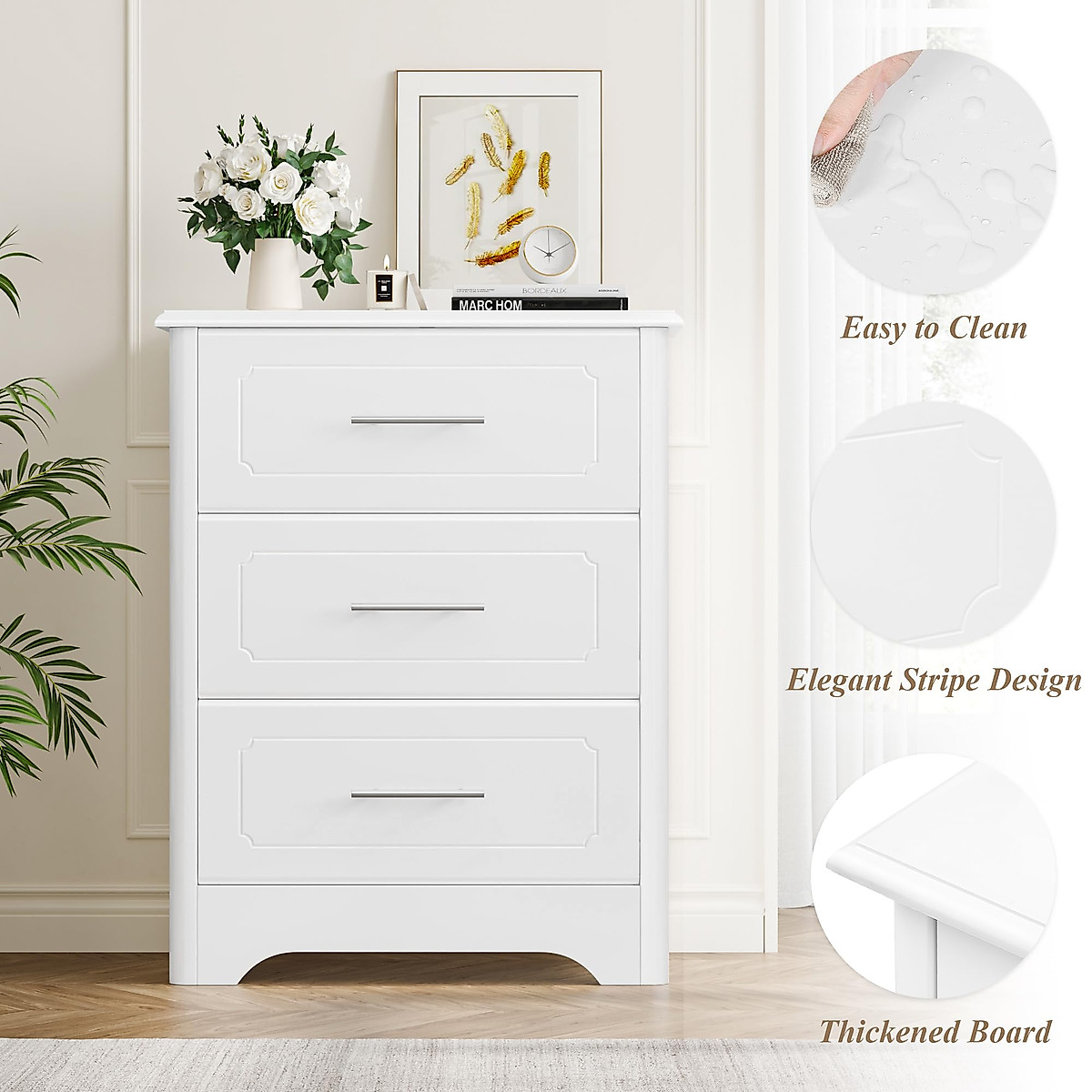 HITHOS 3 Drawer Dresser for Bedroom, 23.62" Wide Modern White Dresser, Tall Nightstand with 3 Deep Drawers, Wood Chest of Drawers, Side End Table for Living Room, Hallway, Home Office