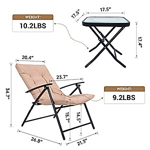 JOYTIO 3-Piece Folding Patio Bistro Dining Set, Outdoor Dining Furniture Set with 2 Folding Reclining Chairs with Cushion and 1 Folding Glass Table - Beige
