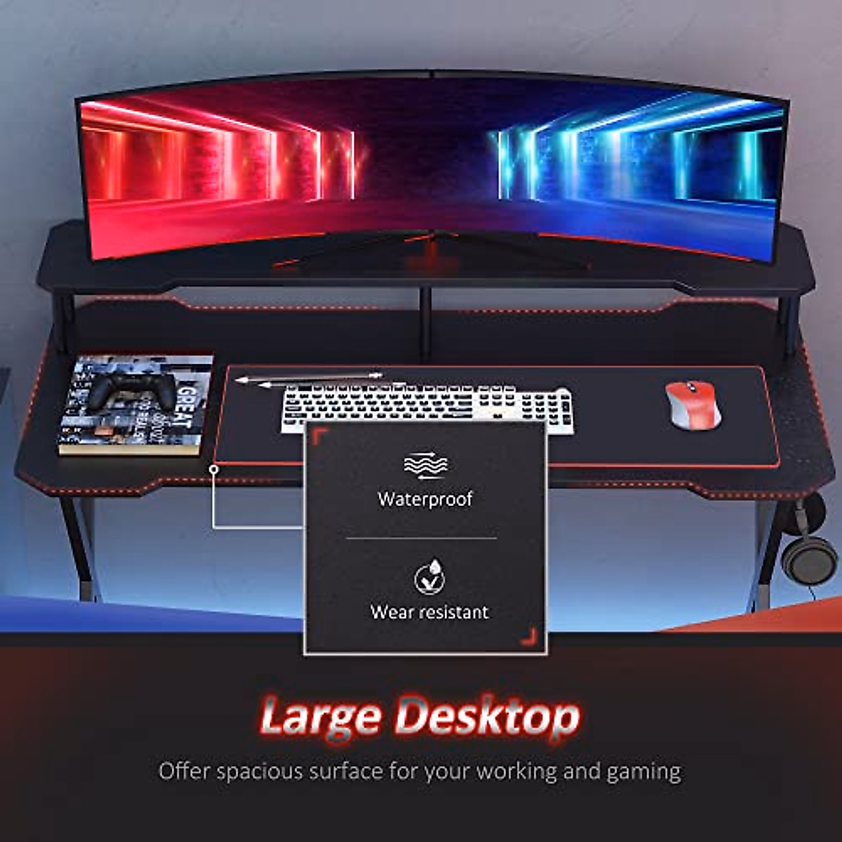 HOMCOM 55 inch Gaming Desk Racing Style Computer Office PC Gamer Workstation with Elevated Monitor Stand, Headphone Hook, Black