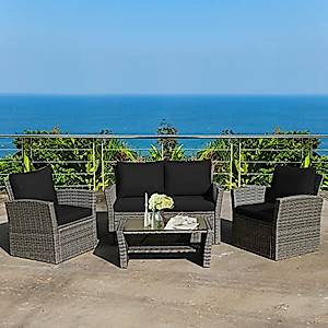 SAWQF 4 PCS Patio Rattan Furniture Set Sofa Table Storage Shelf Black Cushion Armchair