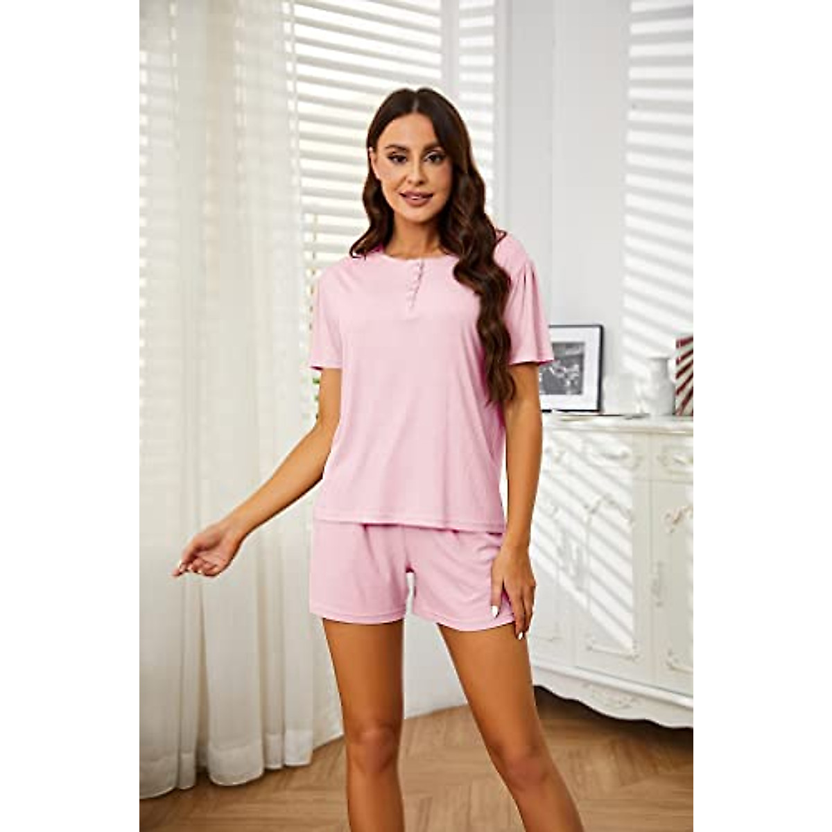 HEARTNICE Pajamas Set for Women Soft Shorts Lounge Sets Short Sleeve Sleepwear Summer PJ 2 Piece(Dusty Pink, L)